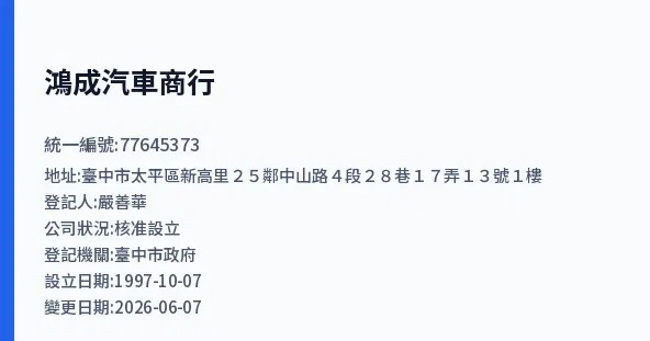 鴻成汽車商行的照片-統編 77645373(臺中市) 公司登記資料與營業項目詳細圖表