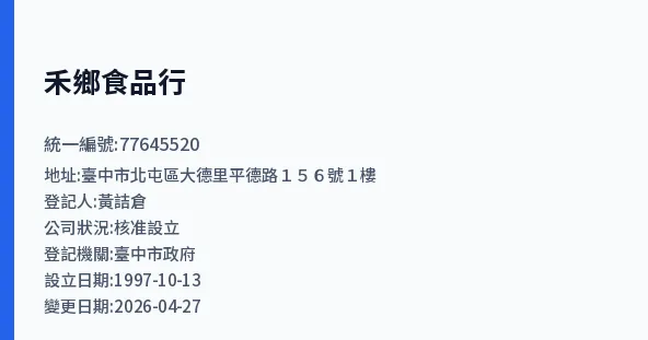 禾鄉食品行的照片-統編 77645520(臺中市) 公司登記資料與營業項目詳細圖表