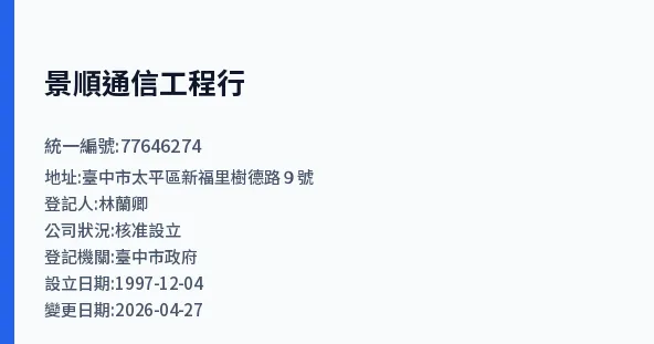 景順通信工程行的照片-統編 77646274(臺中市) 公司登記資料與營業項目詳細圖表