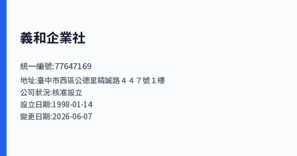 義和企業社的照片-統編 77647169(臺中市) 公司登記資料與營業項目詳細圖表
