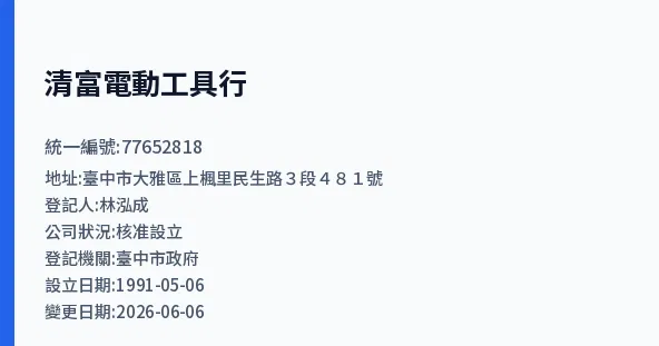 清富電動工具行的照片-統編 77652818(臺中市) 公司登記資料與營業項目詳細圖表