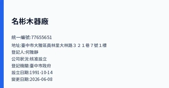 名彬木器廠的照片-統編 77655651(臺中市) 公司登記資料與營業項目詳細圖表