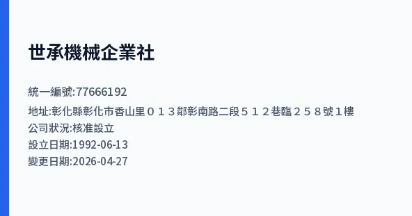 世承機械企業社的照片-統編 77666192(彰化縣) 公司登記資料與營業項目詳細圖表