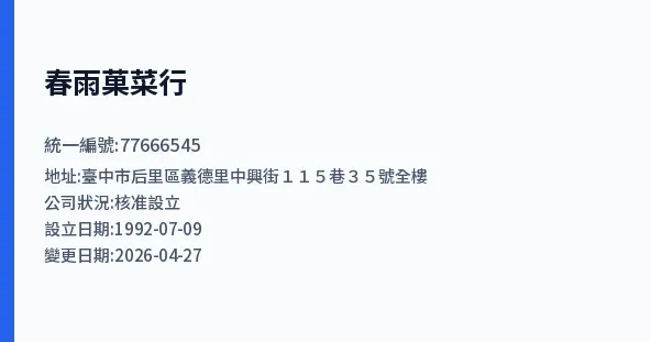 春雨菓菜行的照片-統編 77666545(臺中市) 公司登記資料與營業項目詳細圖表
