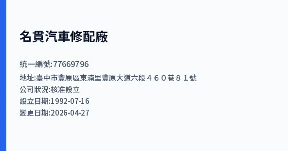 名貫汽車修配廠的照片-統編 77669796(臺中市) 公司登記資料與營業項目詳細圖表