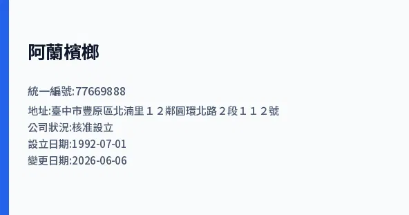 阿蘭檳榔的照片-統編 77669888(臺中市) 公司登記資料與營業項目詳細圖表