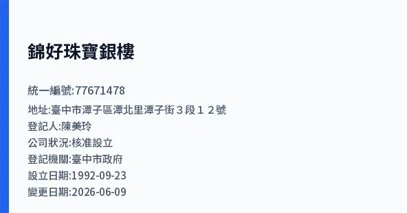 錦好珠寶銀樓的照片-統編 77671478(臺中市) 公司登記資料與營業項目詳細圖表