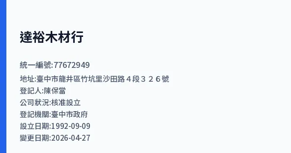 達裕木材行的照片-統編 77672949(臺中市) 公司登記資料與營業項目詳細圖表