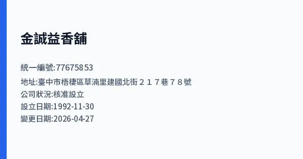 金誠益香舖的照片-統編 77675853(臺中市) 公司登記資料與營業項目詳細圖表