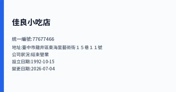 佳良小吃店的照片-統編 77677466(臺中市) 公司登記資料與營業項目詳細圖表