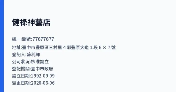 健祿神藝店的照片-統編 77677677(臺中市) 公司登記資料與營業項目詳細圖表