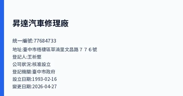 昇達汽車修理廠的照片-統編 77684733(臺中市) 公司登記資料與營業項目詳細圖表