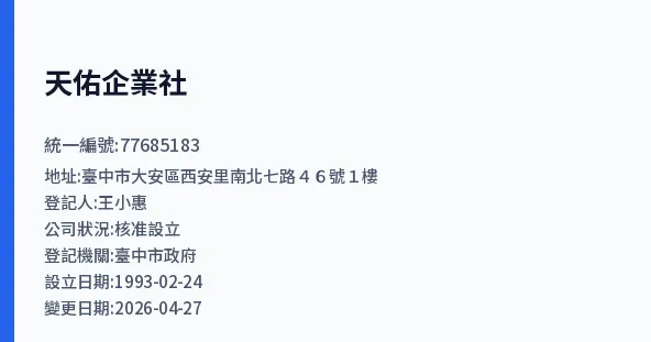 天佑企業社的照片-統編 77685183(臺中市) 公司登記資料與營業項目詳細圖表