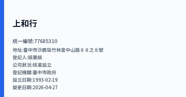 上和行的照片-統編 77685310(臺中市) 公司登記資料與營業項目詳細圖表