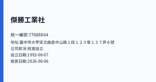 傑勝工業社的照片-統編 77688864(臺中市) 公司登記資料與營業項目詳細圖表