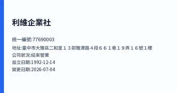 利維企業社的照片-統編 77690003(臺中市) 公司登記資料與營業項目詳細圖表