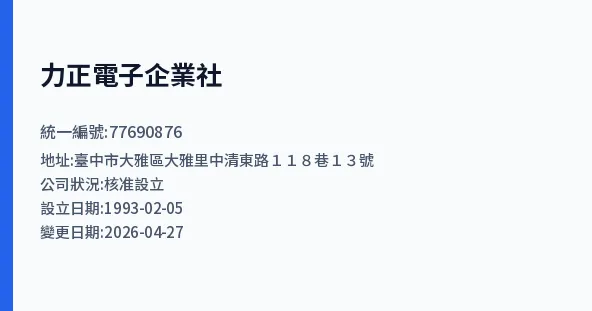 力正電子企業社的照片-統編 77690876(臺中市) 公司登記資料與營業項目詳細圖表