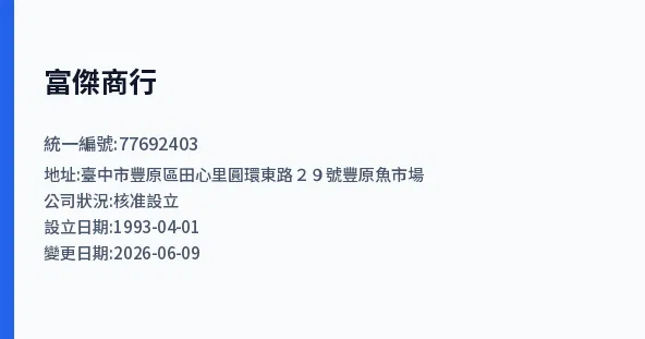 富傑商行的照片-統編 77692403(臺中市) 公司登記資料與營業項目詳細圖表