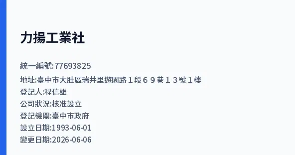 力揚工業社的照片-統編 77693825(臺中市) 公司登記資料與營業項目詳細圖表