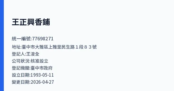 王正興香鋪的照片-統編 77698271(臺中市) 公司登記資料與營業項目詳細圖表