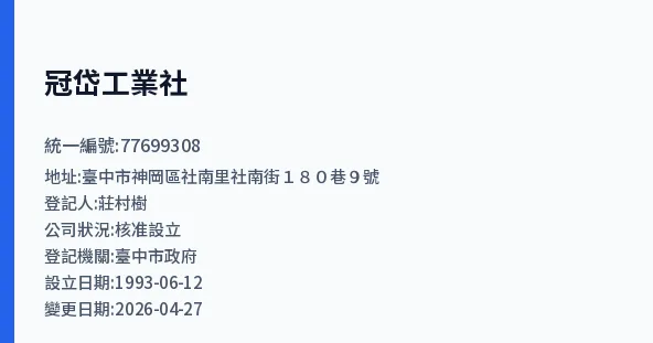 冠岱工業社的照片-統編 77699308(臺中市) 公司登記資料與營業項目詳細圖表