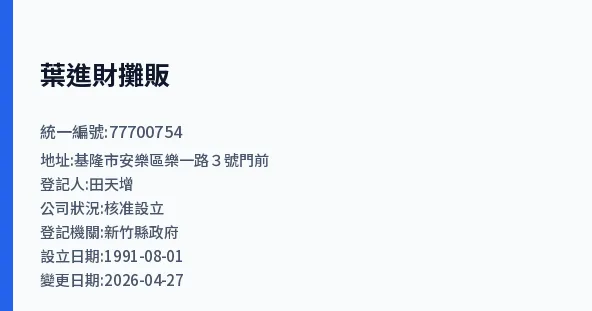 葉進財攤販的照片-統編 77700754(基隆市) 公司登記資料與營業項目詳細圖表