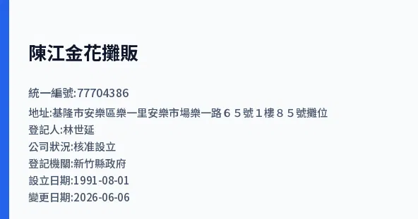陳江金花攤販的照片-統編 77704386(基隆市) 公司登記資料與營業項目詳細圖表