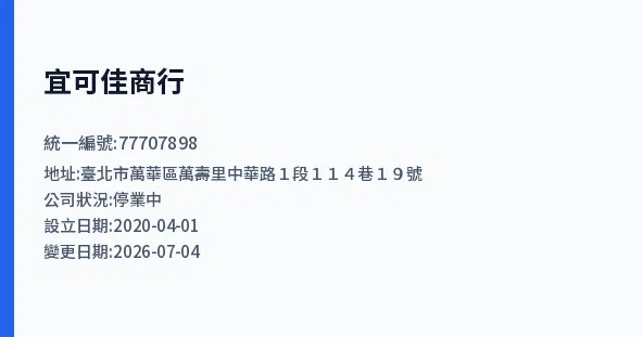 宜可佳商行的照片-統編 77707898(臺北市) 公司登記資料與營業項目詳細圖表