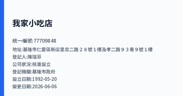 我家小吃店的照片-統編 77709848(基隆市) 公司登記資料與營業項目詳細圖表