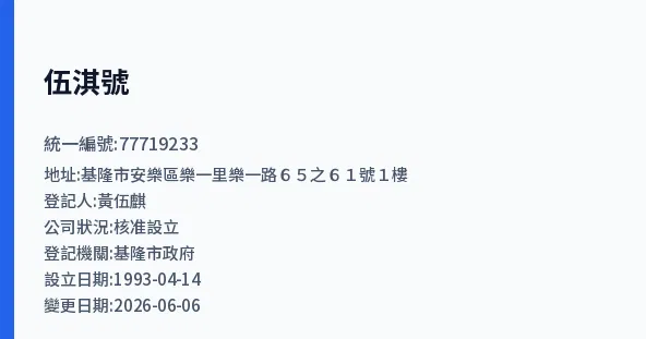 伍淇號的照片-統編 77719233(基隆市) 公司登記資料與營業項目詳細圖表