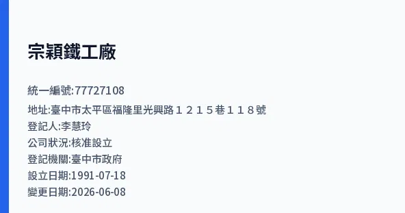 宗穎鐵工廠的照片-統編 77727108(臺中市) 公司登記資料與營業項目詳細圖表