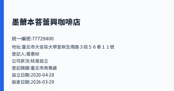 墨薾本菩蕾興咖啡店的照片-統編 77729400(臺北市) 公司登記資料與營業項目詳細圖表