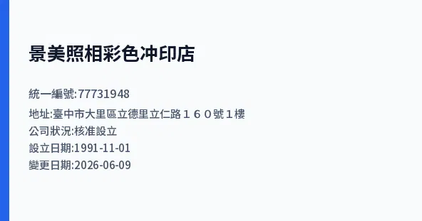 景美照相彩色冲印店的照片-統編 77731948(臺中市) 公司登記資料與營業項目詳細圖表
