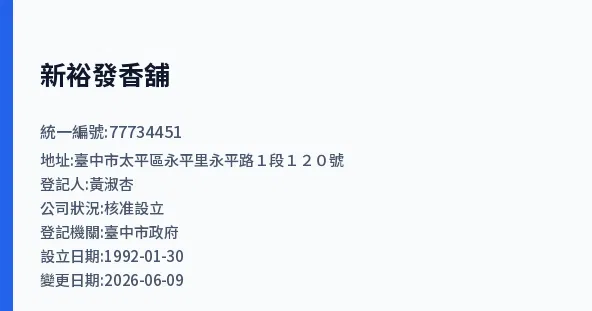 新裕發香舖的照片-統編 77734451(臺中市) 公司登記資料與營業項目詳細圖表