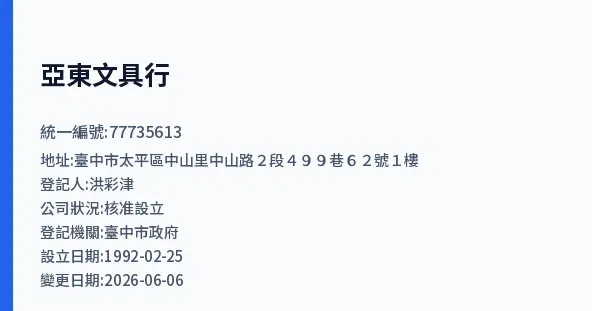 亞東文具行的照片-統編 77735613(臺中市) 公司登記資料與營業項目詳細圖表