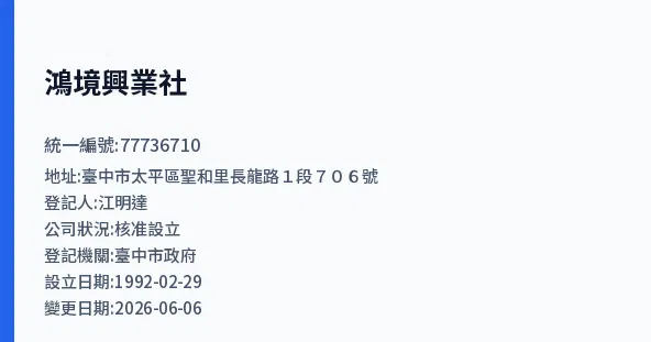 鴻境興業社的照片-統編 77736710(臺中市) 公司登記資料與營業項目詳細圖表