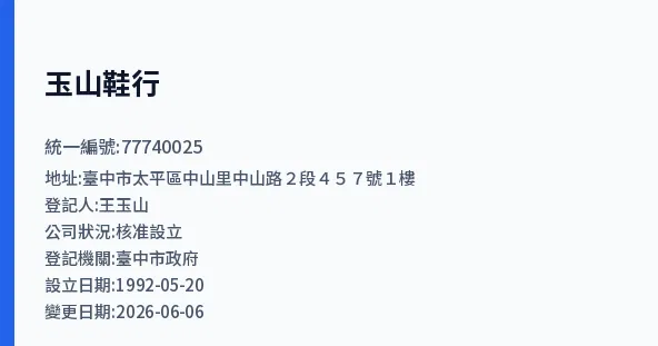 玉山鞋行的照片-統編 77740025(臺中市) 公司登記資料與營業項目詳細圖表