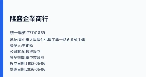 隆盛企業商行的照片-統編 77741869(臺中市) 公司登記資料與營業項目詳細圖表