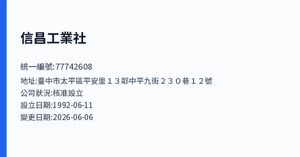 信昌工業社的照片-統編 77742608(臺中市) 公司登記資料與營業項目詳細圖表