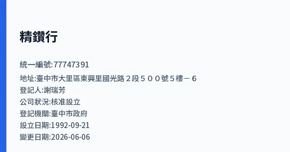 精鑽行的照片-統編 77747391(臺中市) 公司登記資料與營業項目詳細圖表
