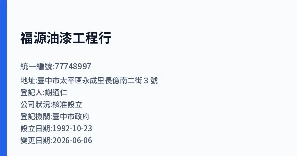福源油漆工程行的照片-統編 77748997(臺中市) 公司登記資料與營業項目詳細圖表