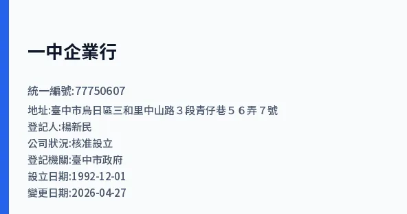 一中企業行的照片-統編 77750607(臺中市) 公司登記資料與營業項目詳細圖表