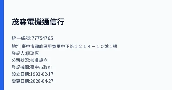 茂森電機通信行的照片-統編 77754765(臺中市) 公司登記資料與營業項目詳細圖表