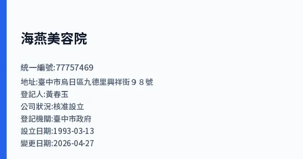 海燕美容院的照片-統編 77757469(臺中市) 公司登記資料與營業項目詳細圖表