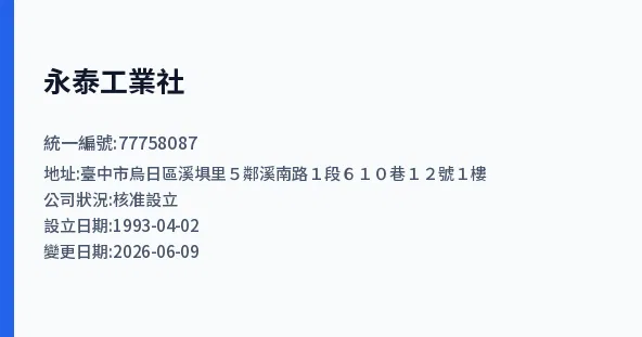 永泰工業社的照片-統編 77758087(臺中市) 公司登記資料與營業項目詳細圖表