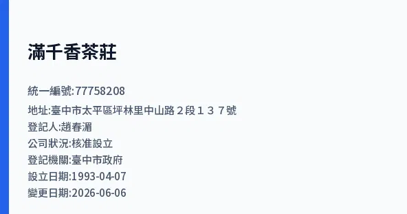 滿千香茶莊的照片-統編 77758208(臺中市) 公司登記資料與營業項目詳細圖表