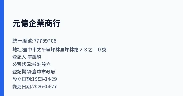 元億企業商行的照片-統編 77759706(臺中市) 公司登記資料與營業項目詳細圖表