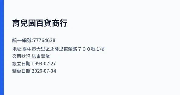 育兒園百貨商行的照片-統編 77764638(臺中市) 公司登記資料與營業項目詳細圖表