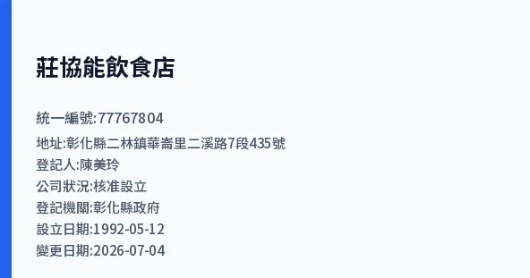 莊協能飲食店的照片-統編 77767804(彰化縣) 公司登記資料與營業項目詳細圖表