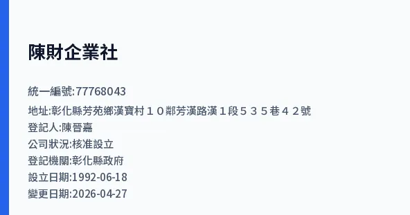 陳財企業社的照片-統編 77768043(彰化縣) 公司登記資料與營業項目詳細圖表